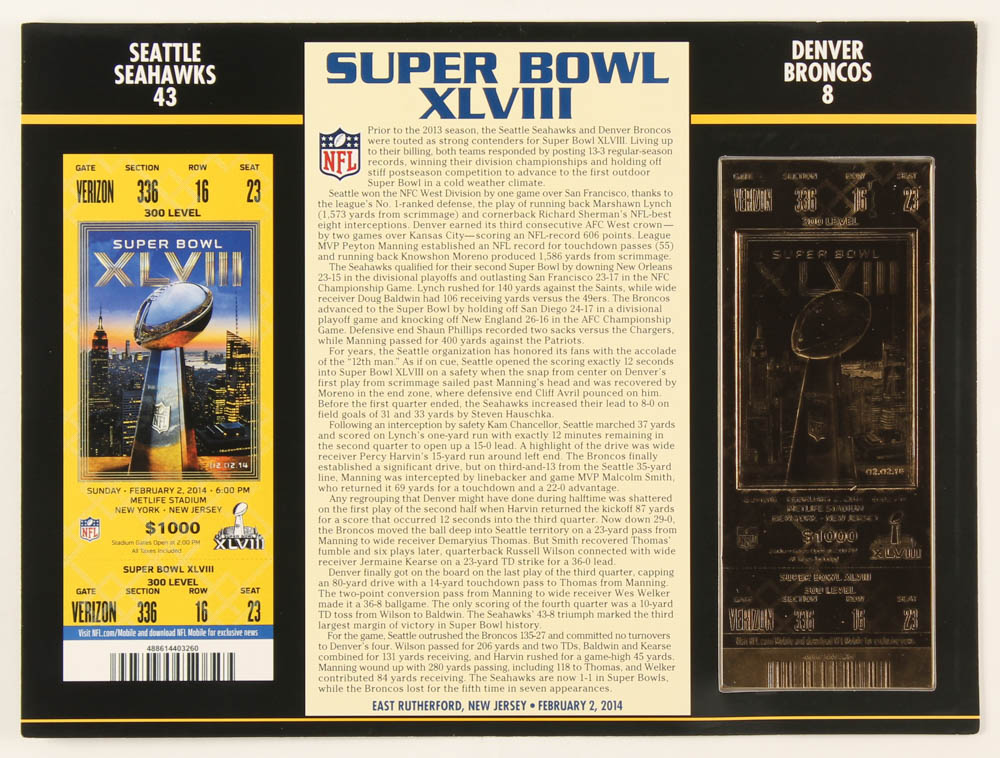 Super Bowl XLVIII Commemorative Score Card with 23kt Gold Ticket ...
