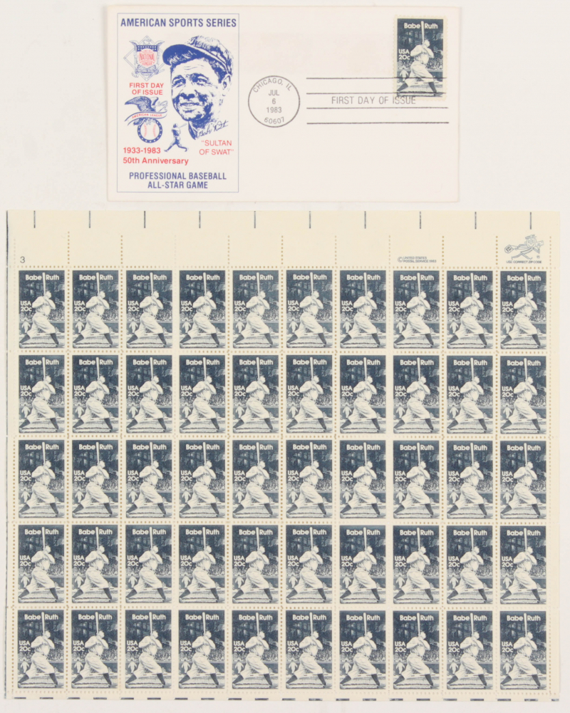 Lot of (2) Babe Ruth Items with 1983 FDC Envelope & Uncut Sheet of (50 ...