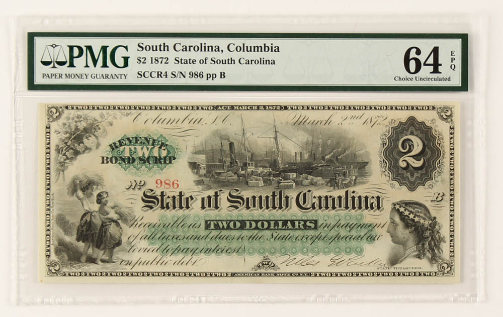 1872 $2 Two-Dollar - South Carolina - Columbia - Bank Note Bill (PMG 64 ...