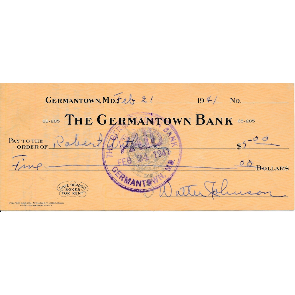 Walter Johnson Signed 1941 Personal Bank Check (JSA LOA) | Pristine Auction