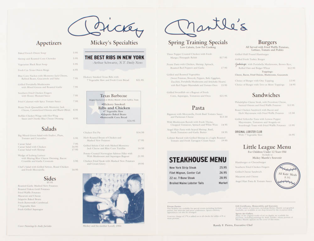 Original Vintage "Mickey Mantle's" Restaurant Menu | Pristine Auction