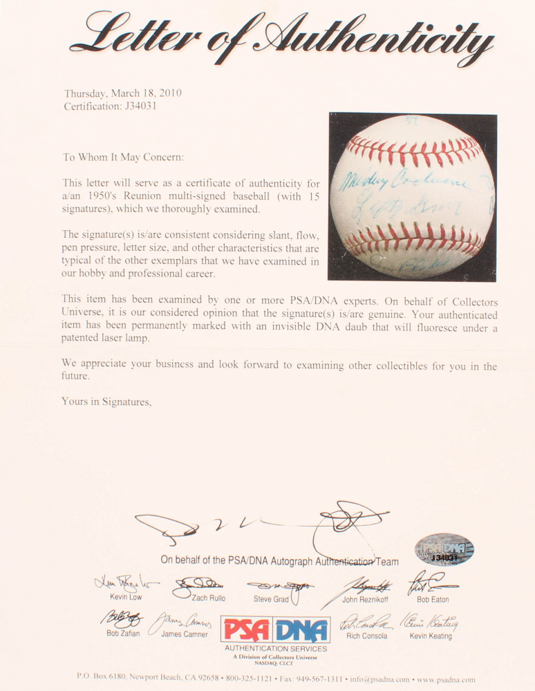 Vintage ONL Baseball Signed By (15) With Lefty Gomez, Jim Lindsey, Ray ...
