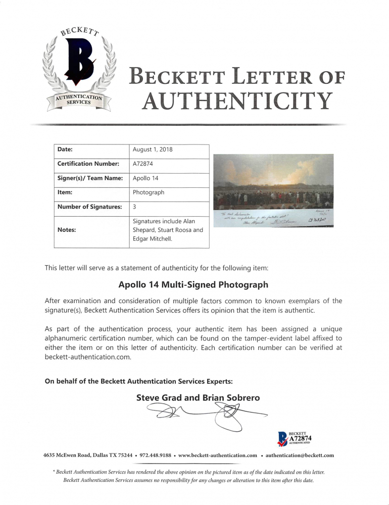 Alan Shepard, Stuart Roosa & Edgar Mitchell Signed Apollo 14 14x18 Custom Matted Photo Display ...