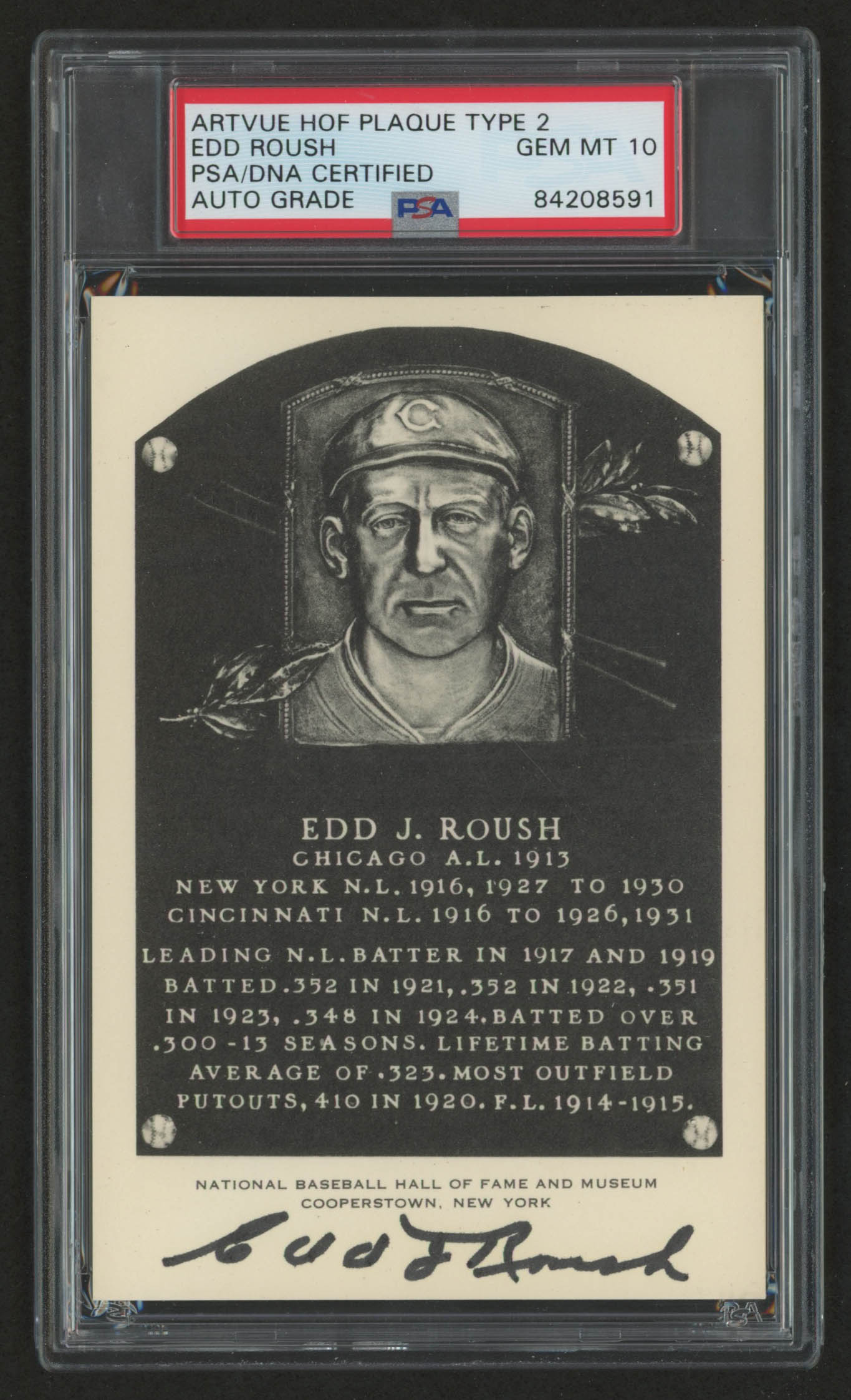 Edd Roush Signed Artvue Hall of Fame Plaque Postcard (PSA Encapsulated ...
