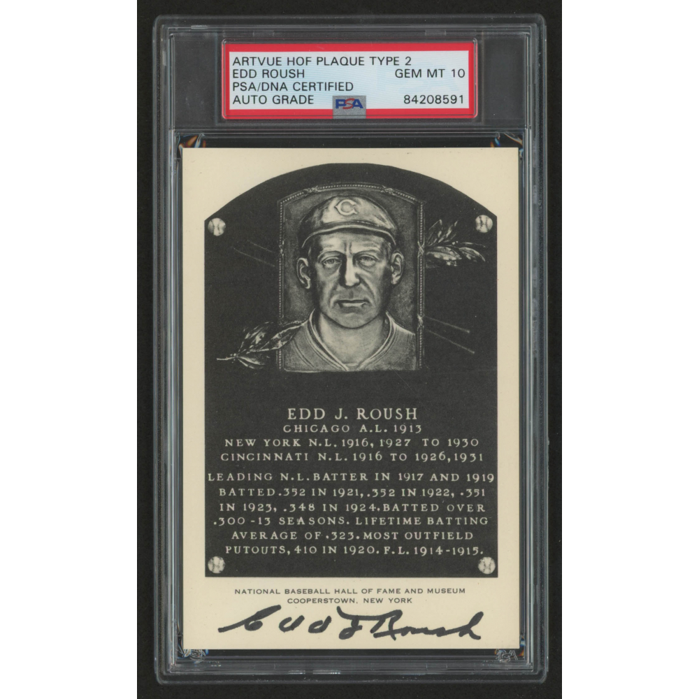 Edd Roush Signed Artvue Hall of Fame Plaque Postcard (PSA Encapsulated ...
