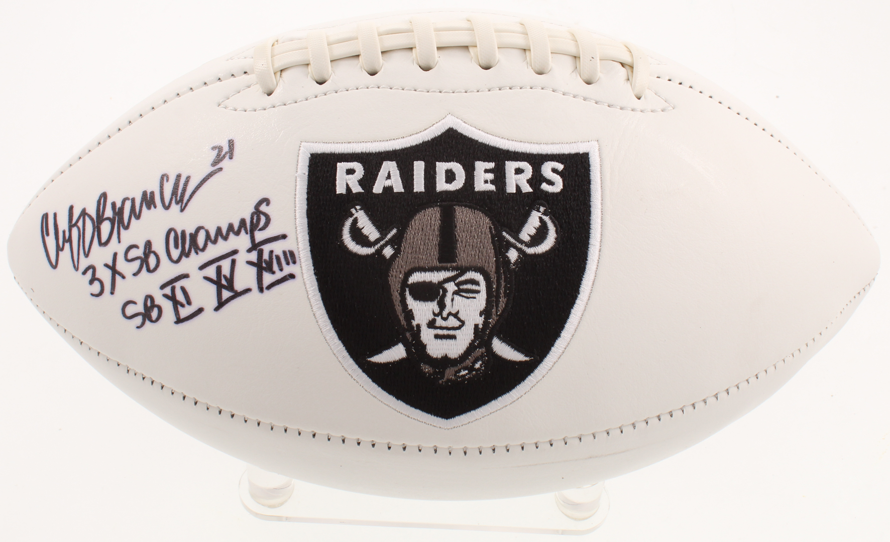 Cliff Branch Signed Raiders Logo Football Inscribed "3x SB Champs ...