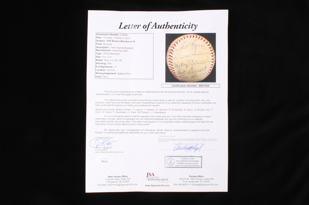 1956 Red Soox OL Baseball Signed by (17) with Mickey Vernon, Ted Lepcio ...