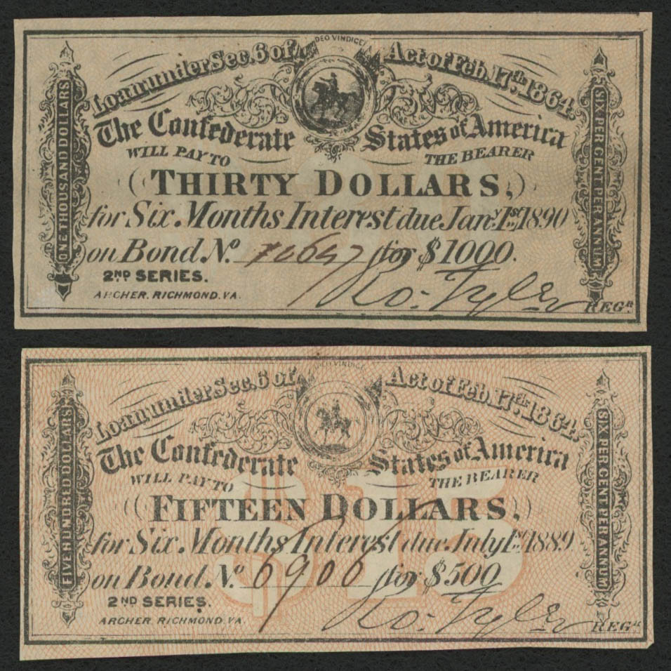 Lot of (2) Confederate States of America Richmond CSA Bank Note Bonds ...