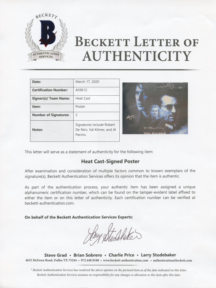Robert De Niro, Val Kilmer & Al Pacino Signed "Heat" 24x36 Movie Poster ...