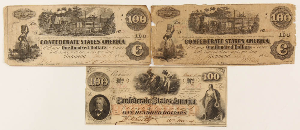 Lot of (3) 1862 $100 One Hundred-Dollar Confederate Bank Notes with T ...