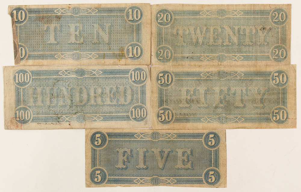 Lot of (5) 1864 Confederate Bank Notes with $100, $50, $20, $10, & $5 ...