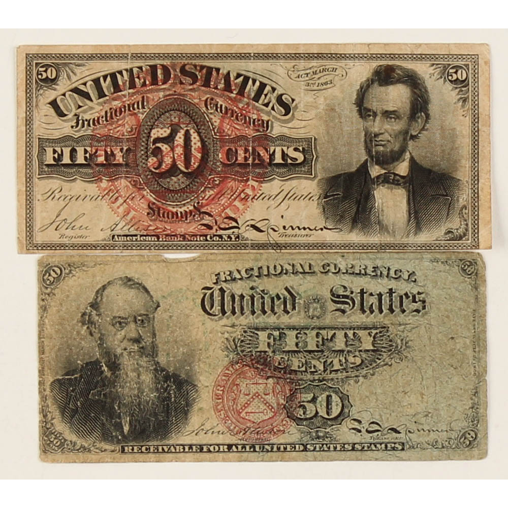 Lot of (2) 1869-1875 Fourth Issue 50¢ Fifty-Cent U.S. Fractional ...