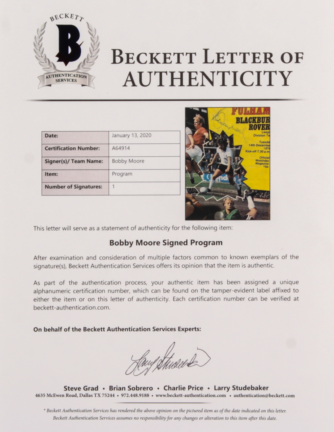 Bobby Moore Signed 1976 Fulham v Rovers Program (Beckett) | Pristine ...