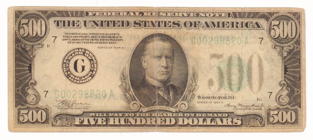 1934 $500 Five-Hundred Dollar Federal Reserve Note | Pristine Auction 1934 $500 Five-Hundred Dollar Federal Reserve Note | Pristine Auction