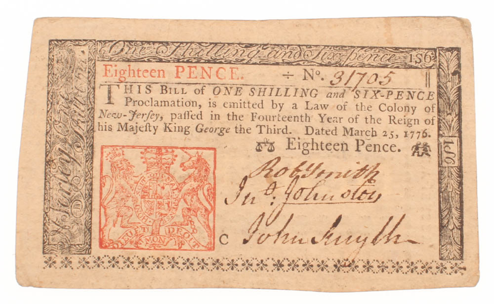 1776 New Jersey 18 Eighteen Pence Colonial Currency Note | Pristine Auction