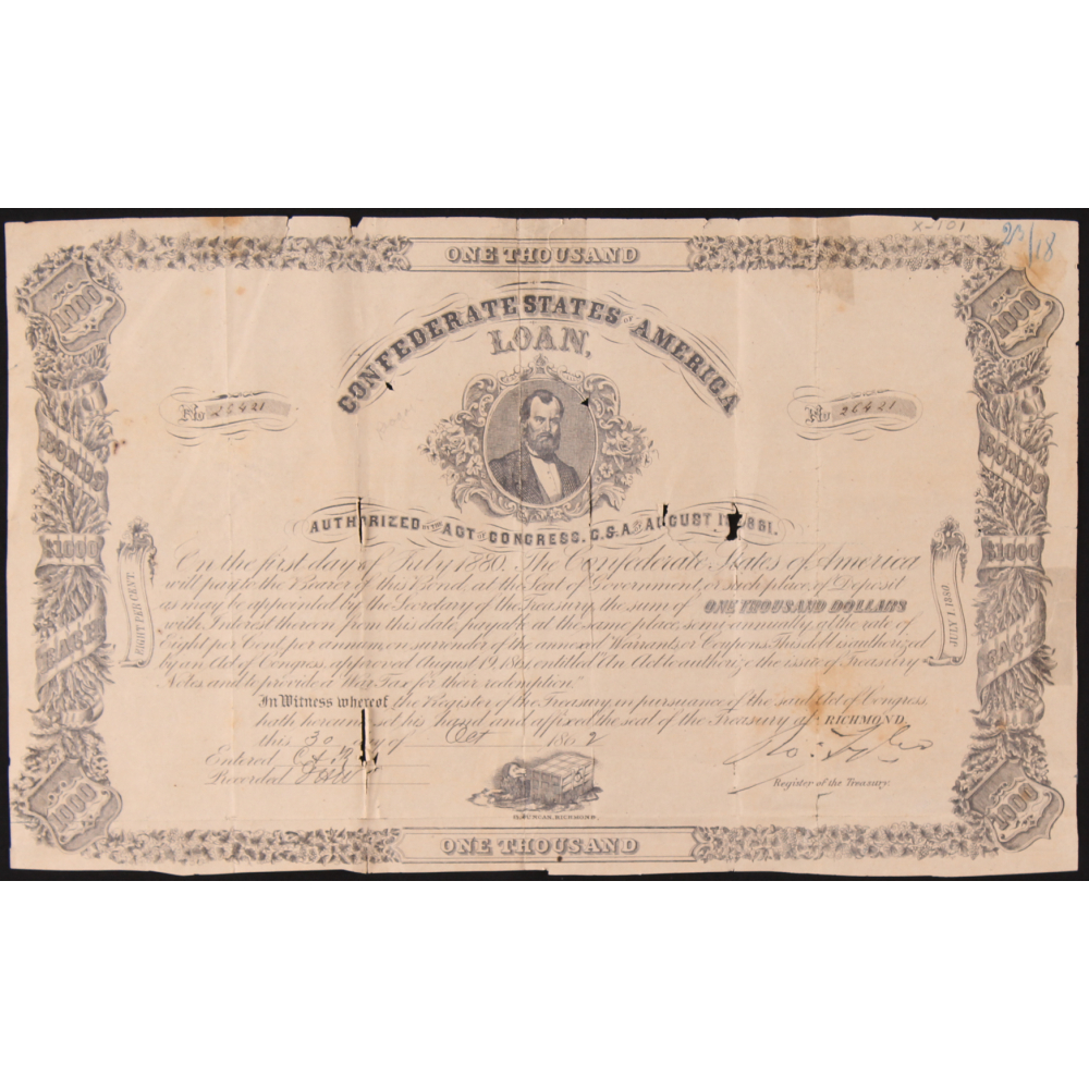 1862 Confederate States of America $1000 One Thousand Dollar Bank Loan ...
