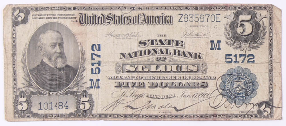 1902 $5 Five Dollars U.S. National Currency Bank Note - The State ...