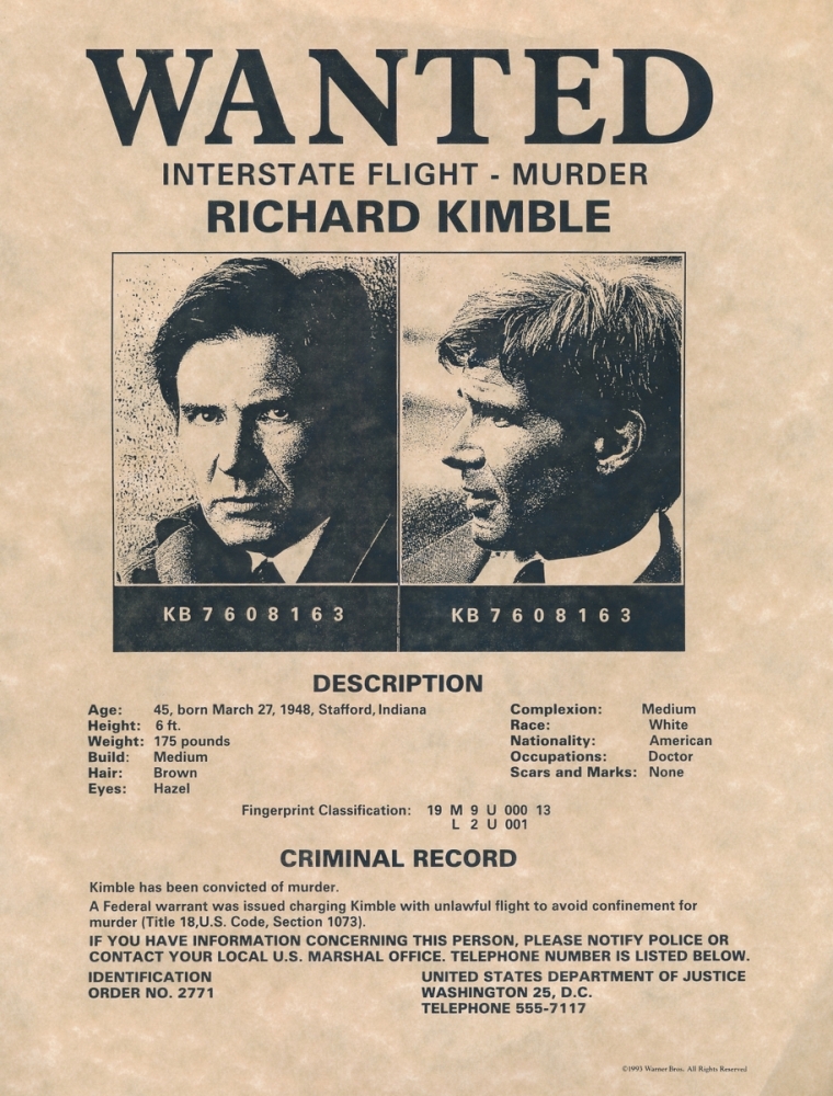 Harrison Ford Wanted Poster Prop Used in the Feature Film "The Fugitive ...