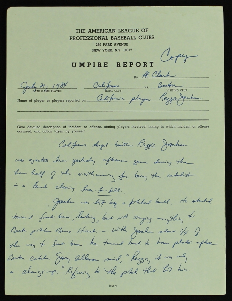 Reggie Jackson Umpire Ejection Report Completely Filled Out by Umpire ...