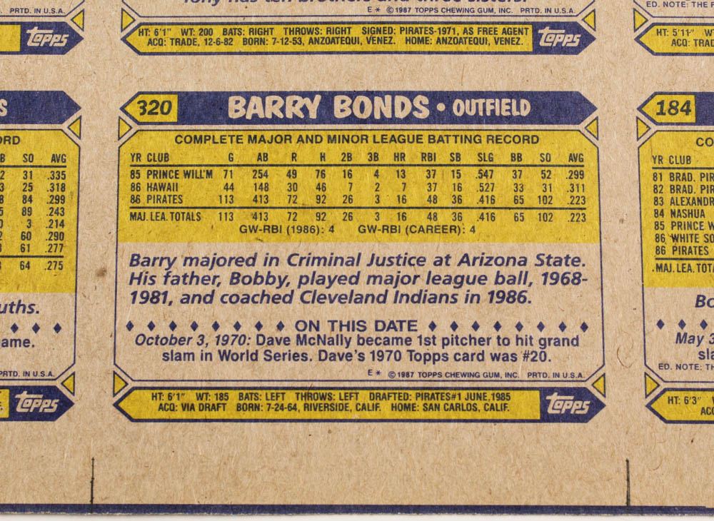 Uncut Sheet Of (132) 1987 Topps Baseball Cards With #320 Barry Bonds Rc