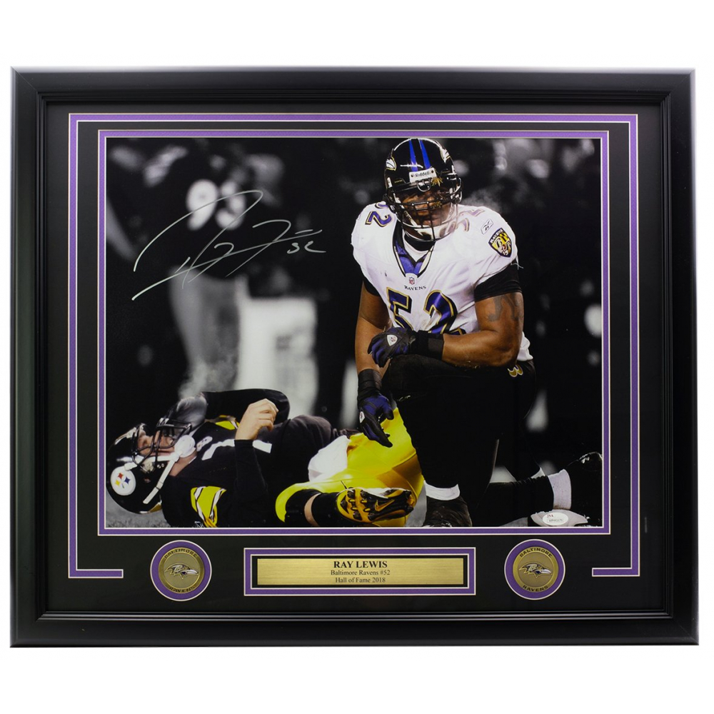Ray Lewis Signed Ravens 22x27 Custom Framed Photo with (2) Ravens Pins ...