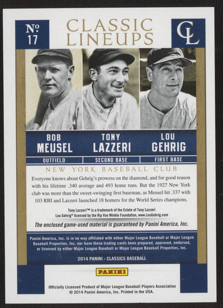 2014 Classics Classic Lineups #17 Bob Meusel / Lou Gehrig / Tony ...