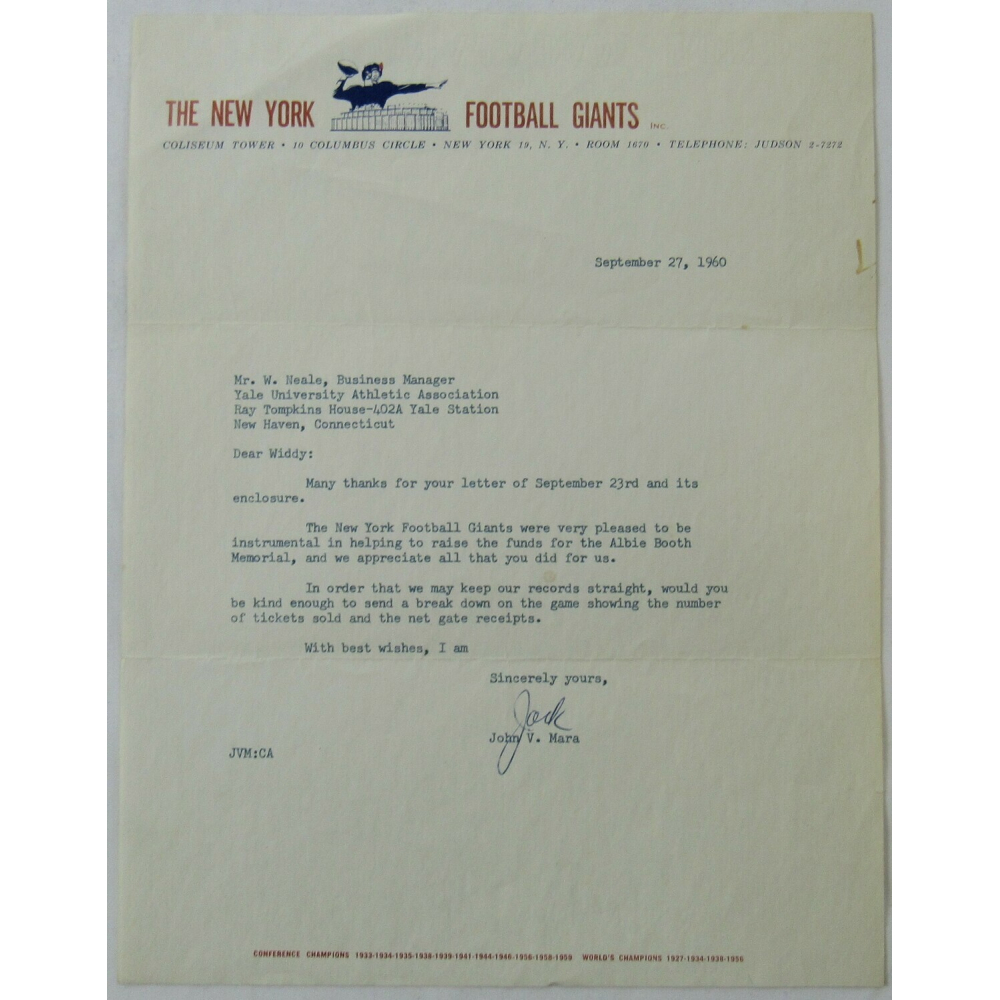 Jack Mara Signed Giants 1960 Letter (JSA LOA) | Pristine Auction
