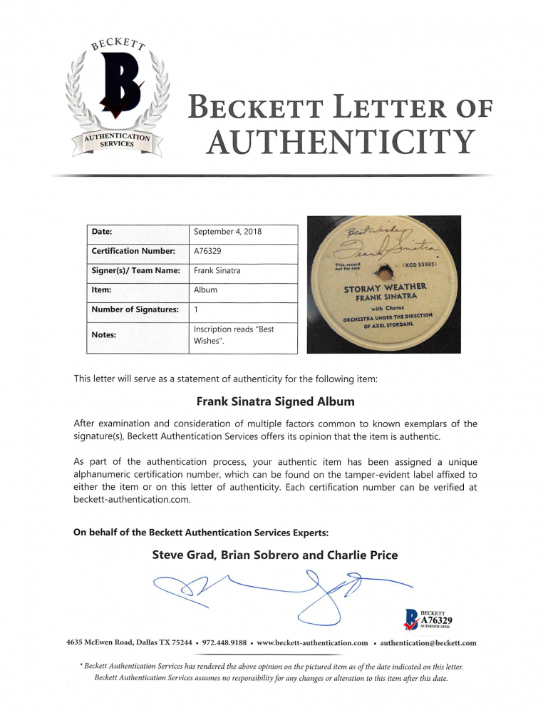 Frank Sinatra Signed "Stormy Weather" Vinyl Record Inscribed "Best ...