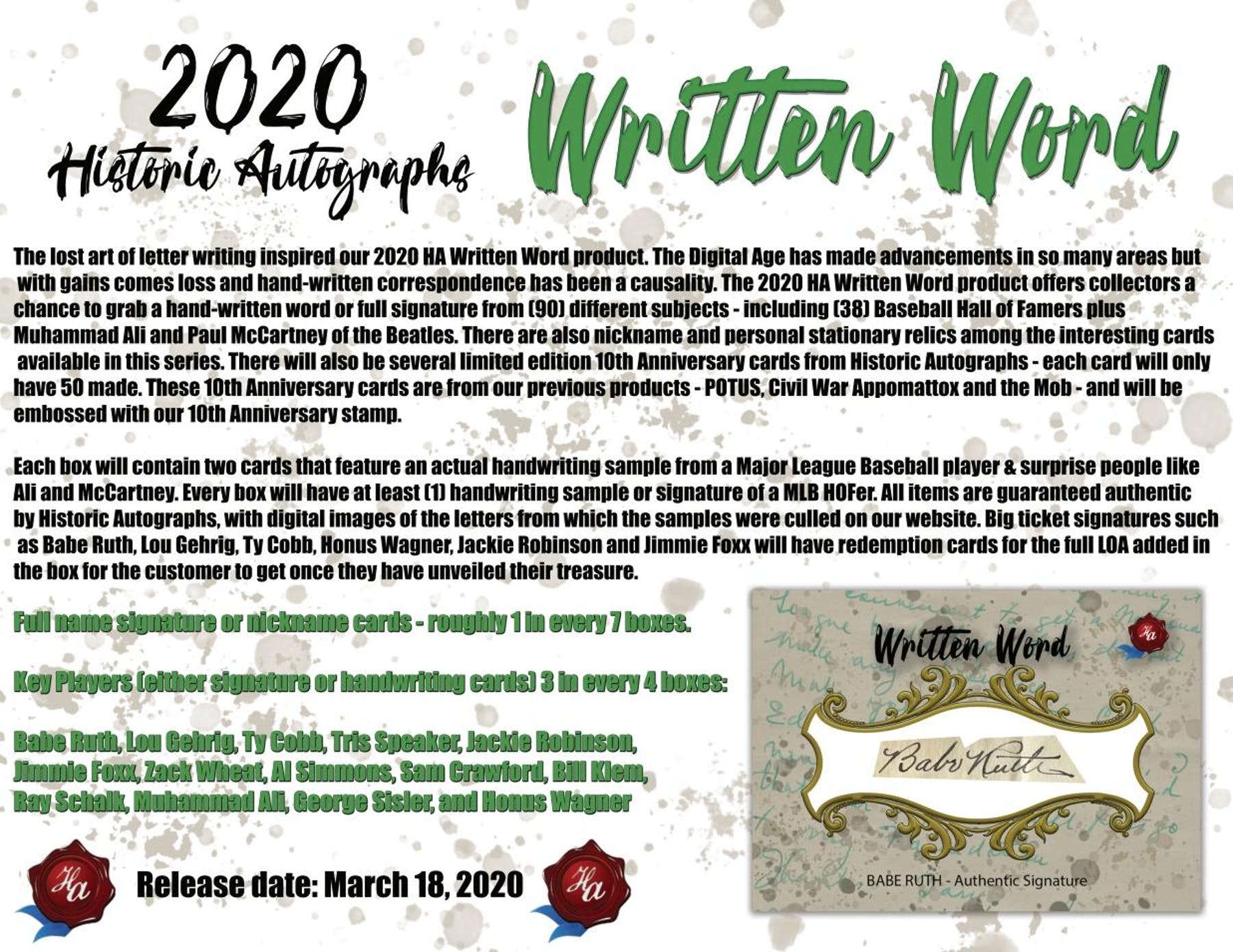 2020 Historic Autographs Written Word Baseball Hobby Box | Pristine Auction
