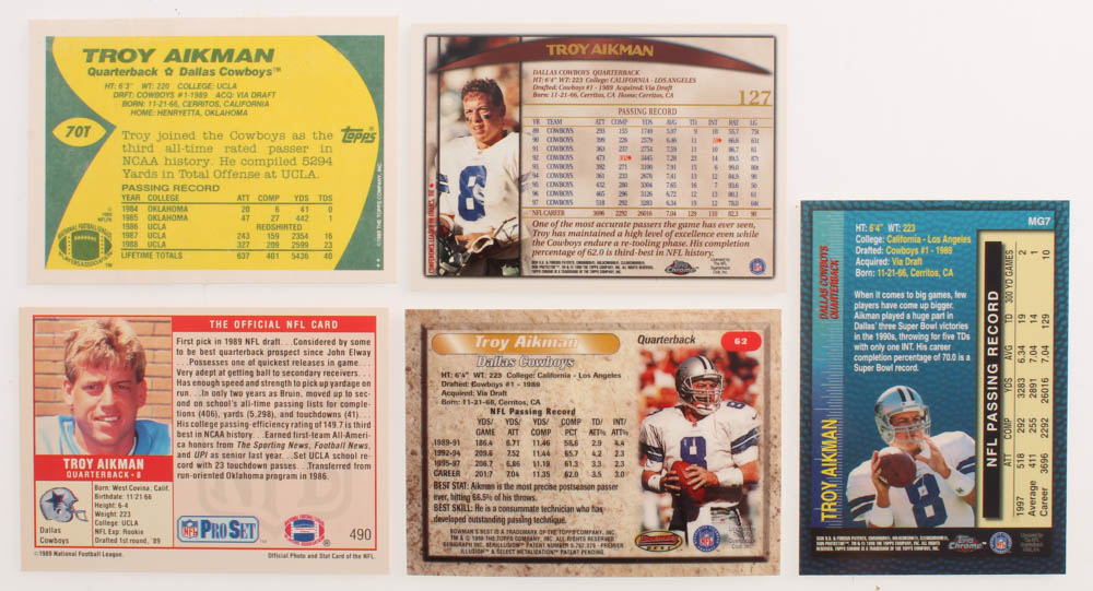 Lot of (54) Troy Aikman Football Cards with 1989 Pro Set #490 RC and 1989 Topps Traded #70 RC ...