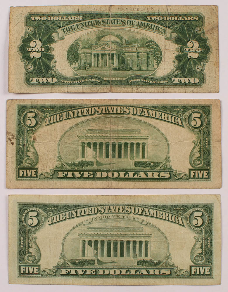 Lot of (3) Star Note Bills with 1953 $2 U.S. Legal Tender Note, 1953 $5 ...