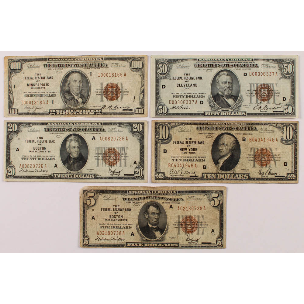 Lot of (5) 1929 U.S. National Currency Federal Reserve Bank Notes with ...