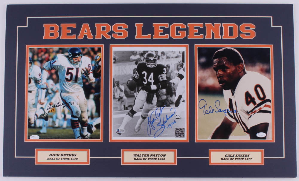 Walter Payton, Gale Sayers & Dick Butkus Signed Bears 18x30 Custom ...