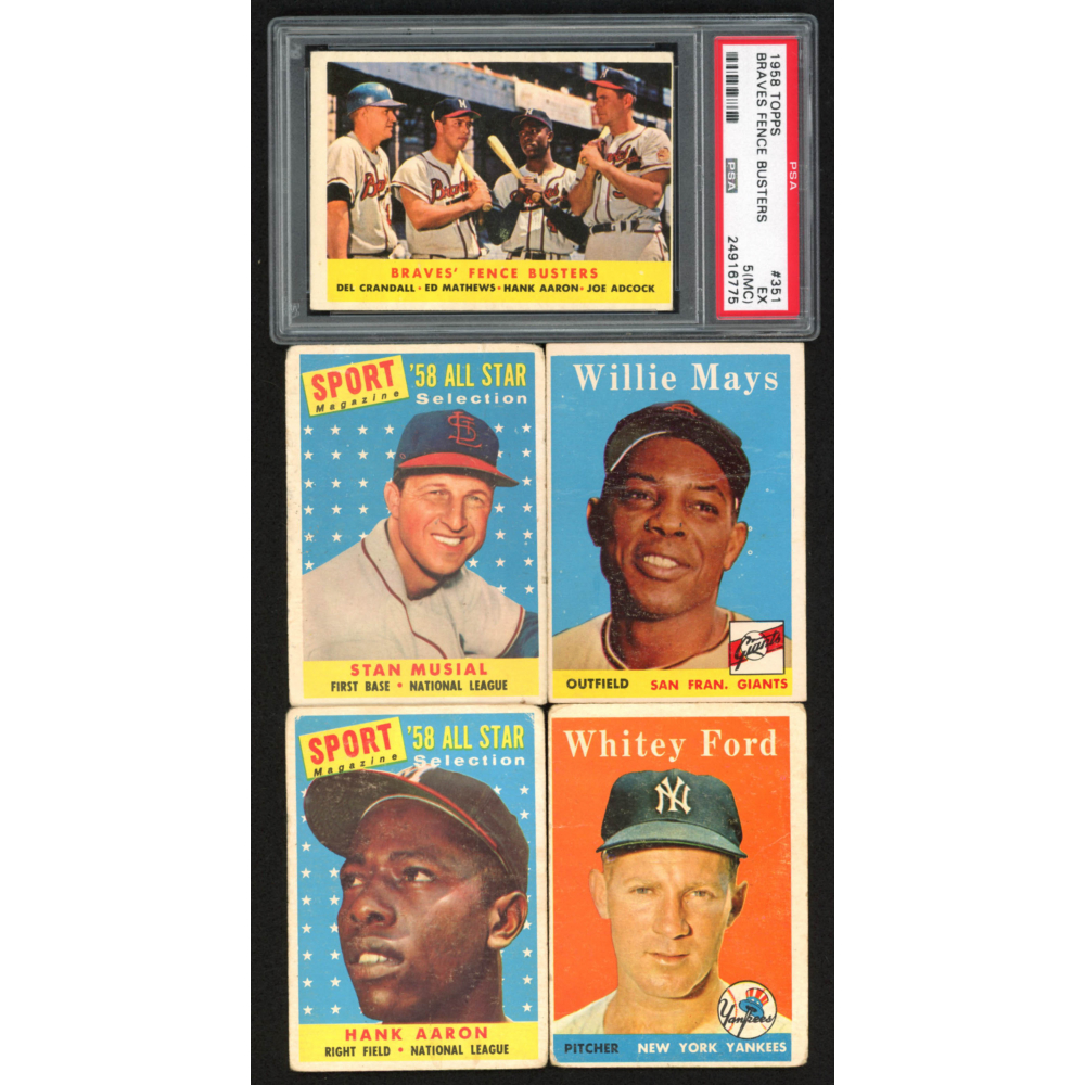 Lot of (5) 1958 Topps Baseball Cards with #351 Braves Fence Busters Del ...