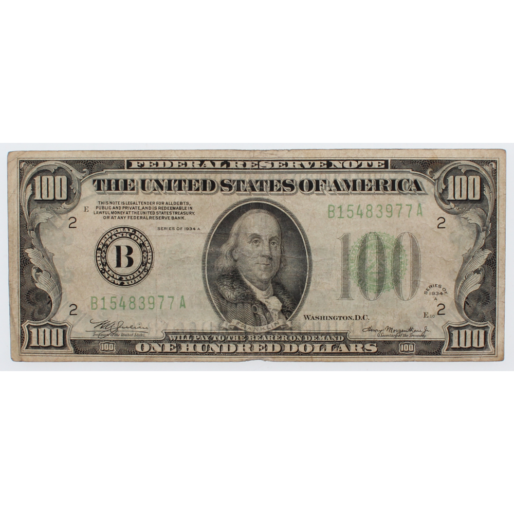 1934-A U.S. $100 One Hundred Dollar Green Seal Federal Reserve Note ...