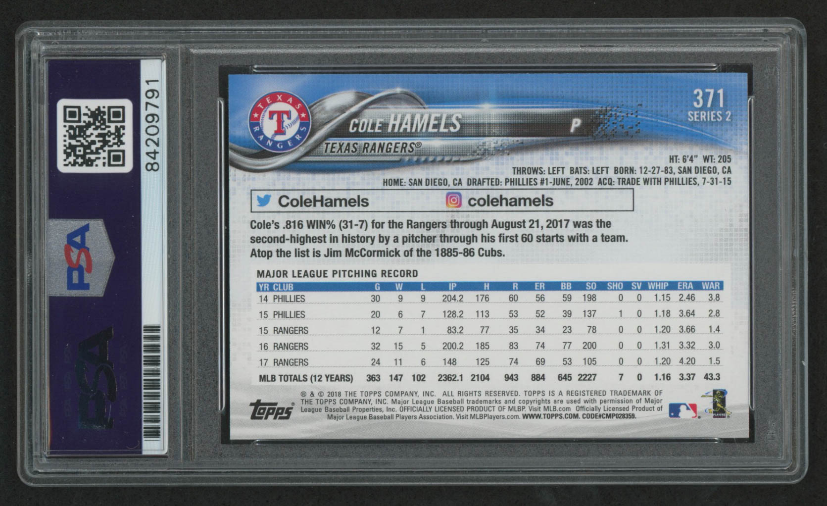 Cole Hamels Signed 2018 Topps #371 (PSA Encapsulated) | Pristine Auction