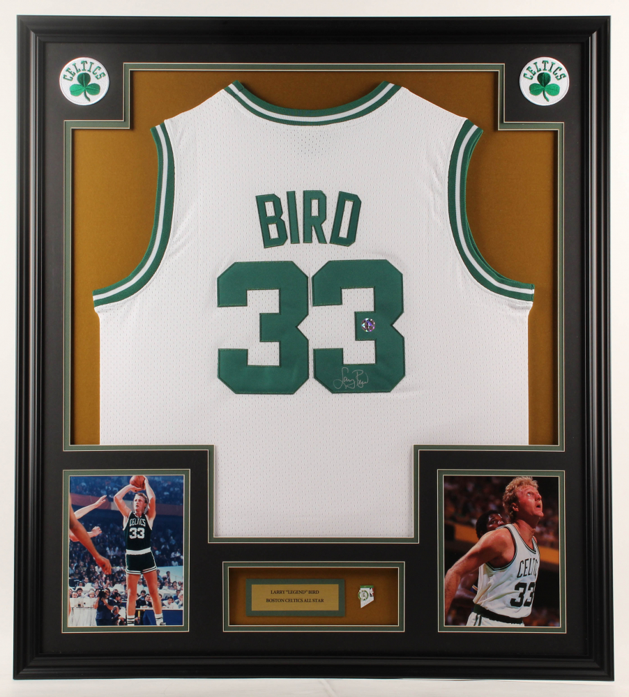 Larry Bird Signed 32x36 Custom Framed Jersey Display with Vintage Celtics Championship Pin (Bird ...