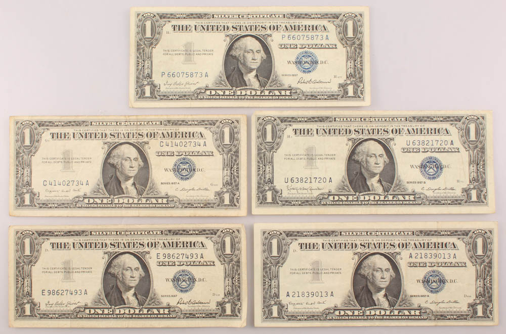 Lot of (5) 1957 U.S. $1 One Dollar Blue Seal Silver Certificate Notes ...