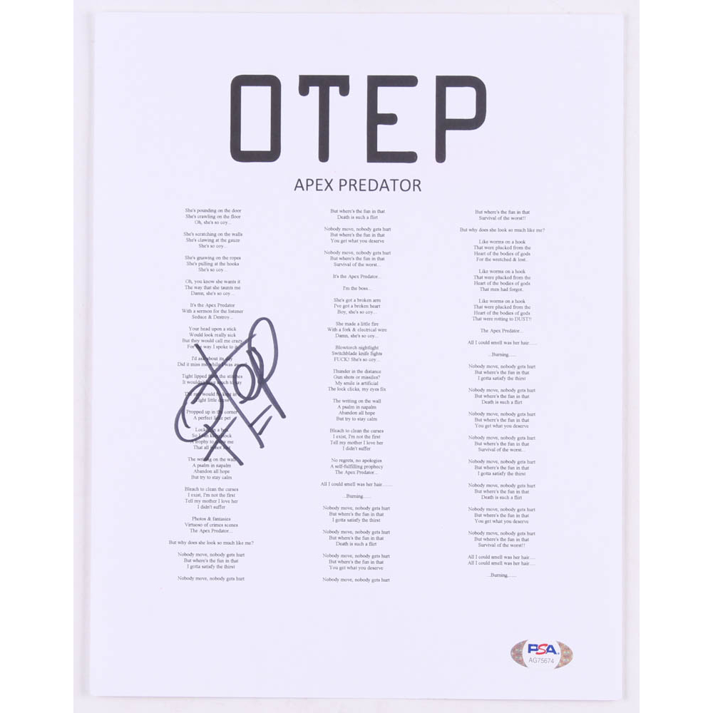 Otep Shamaya Signed OTEP "Apex Predator" 8x10 Lyric Sheet (PSA Hologram ...