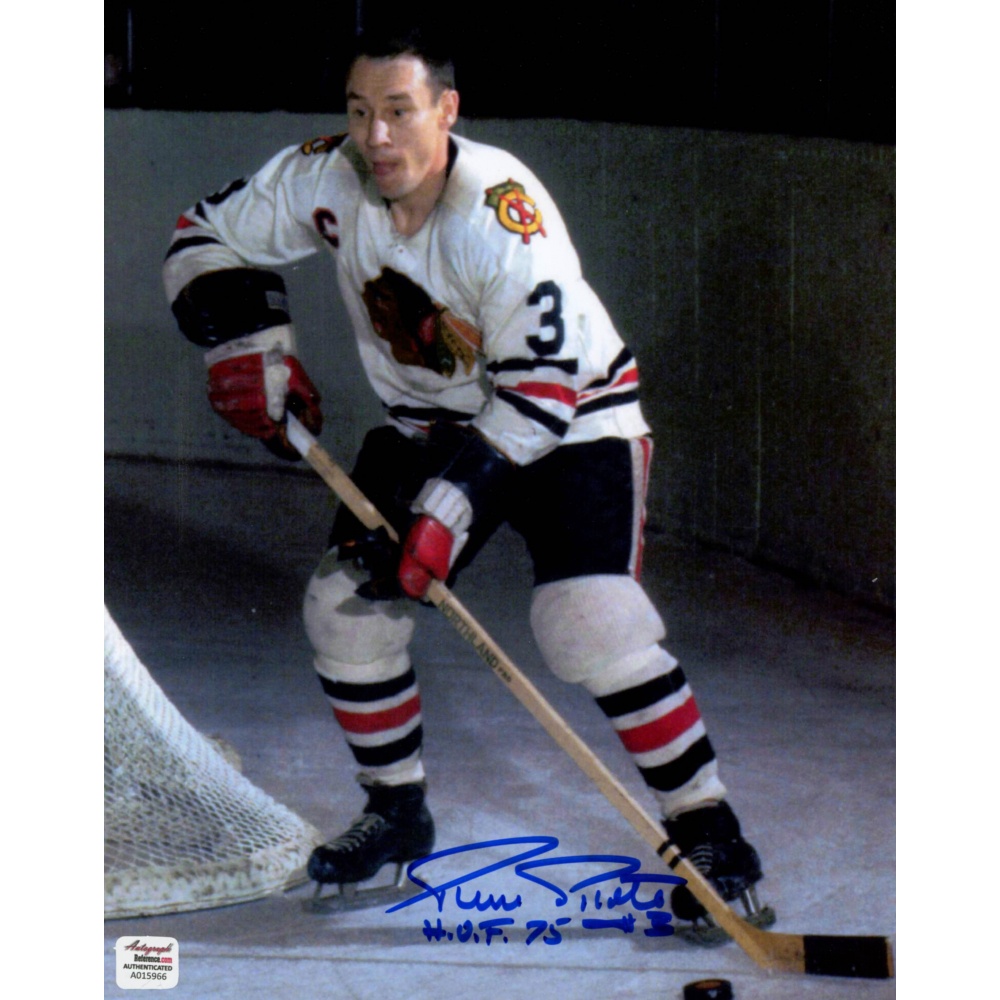 Pierre Pilote Signed Blackhawks 8x10 Photo Inscribed "H.O.F. 75 ...