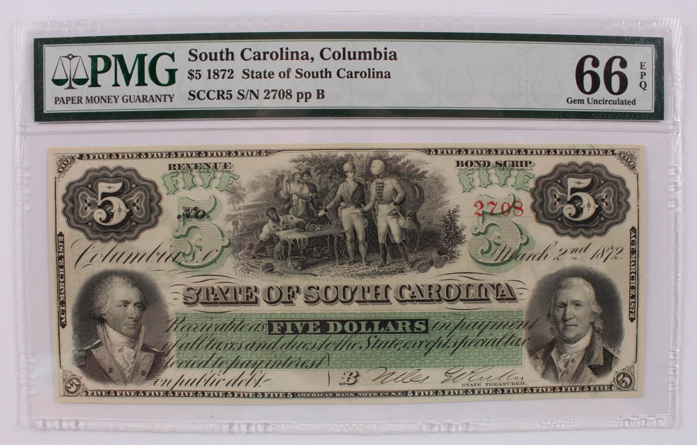 1872 $5 Five-Dollar - South Carolina - Columbia - Bank Note Bill (PMG ...