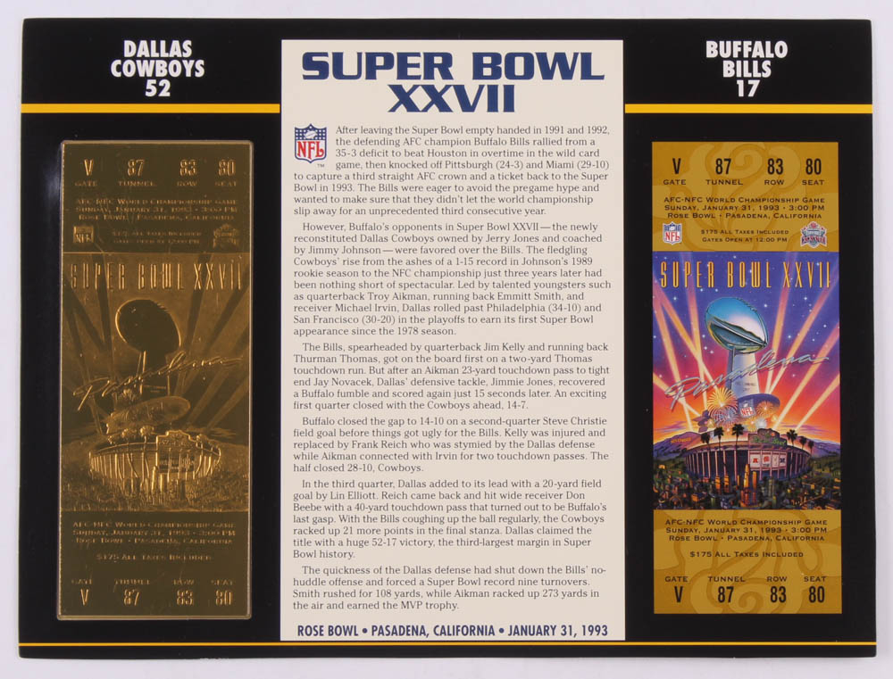 Super Bowl XXVII Commemorative Score Card with 22kt Gold Ticket ...