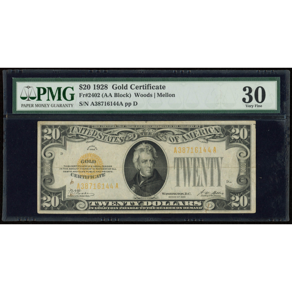 1928 $20 Twenty-Dollar U.S. Gold Certificate Bank Note (PMG 30) (AA ...