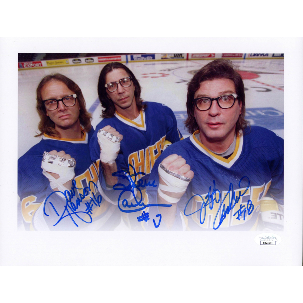 Dave Hanson, Steve Carlson & Jeff Carlson Signed "Slap Shot" 8.5x11 Photo (JSA Hologram ...