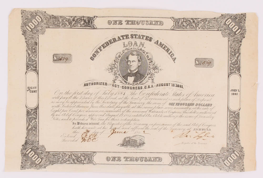 1881 Confederate States of America $1000 One Thousand Dollar Bank Loan ...