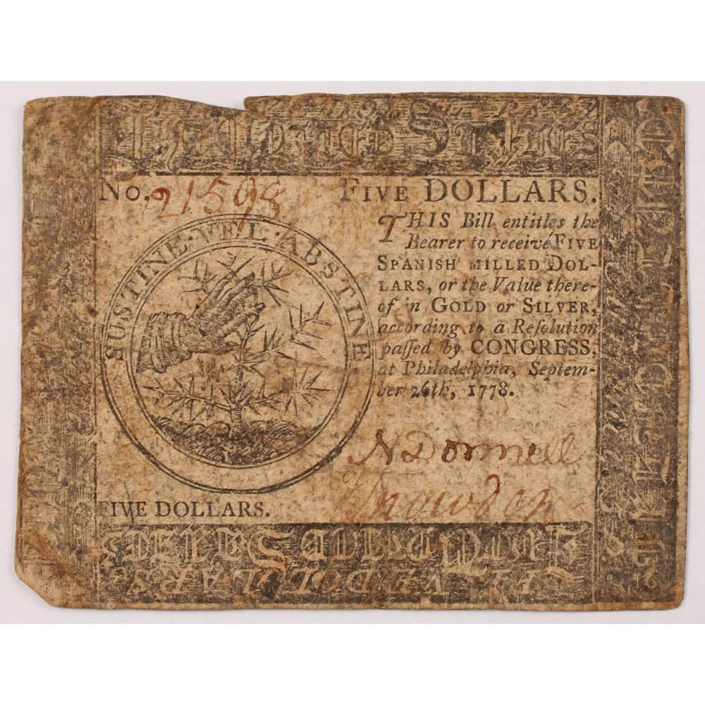 1778 $5 Five Dollars - Continental - Colonial Currency Note | Pristine ...