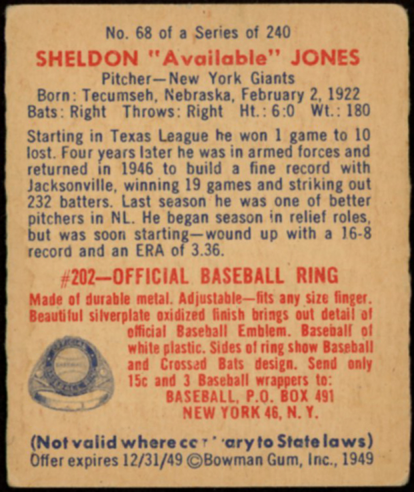 Sheldon Jones 1949 Bowman #68 (Trimmed) | Pristine Auction
