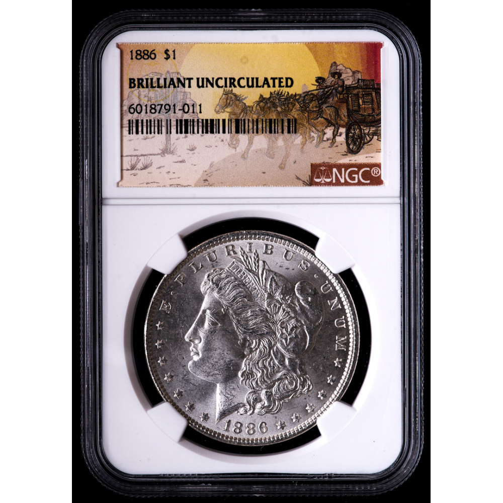 1886 Morgan Silver Dollar - Stage Coach Label (NGC Brilliant Uncirculated) | Pristine Auction