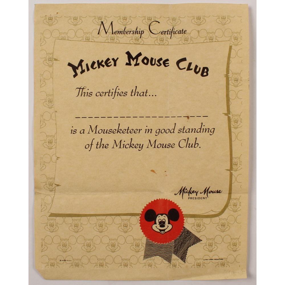 1950s Walt Disney Mickey Mouse Club Membership Certificate With 5x7 ...