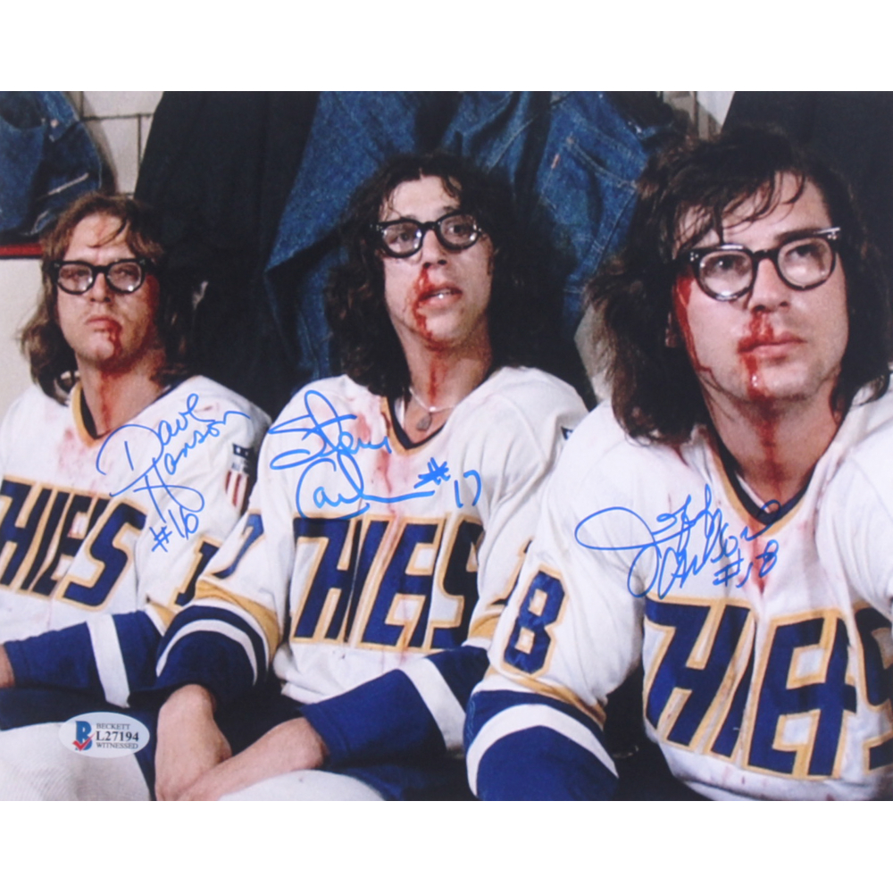 Jeff Carlson, Steve Carlson, & David Hanson Signed "Slap Shot" 8x10 Photo (Beckett COA ...